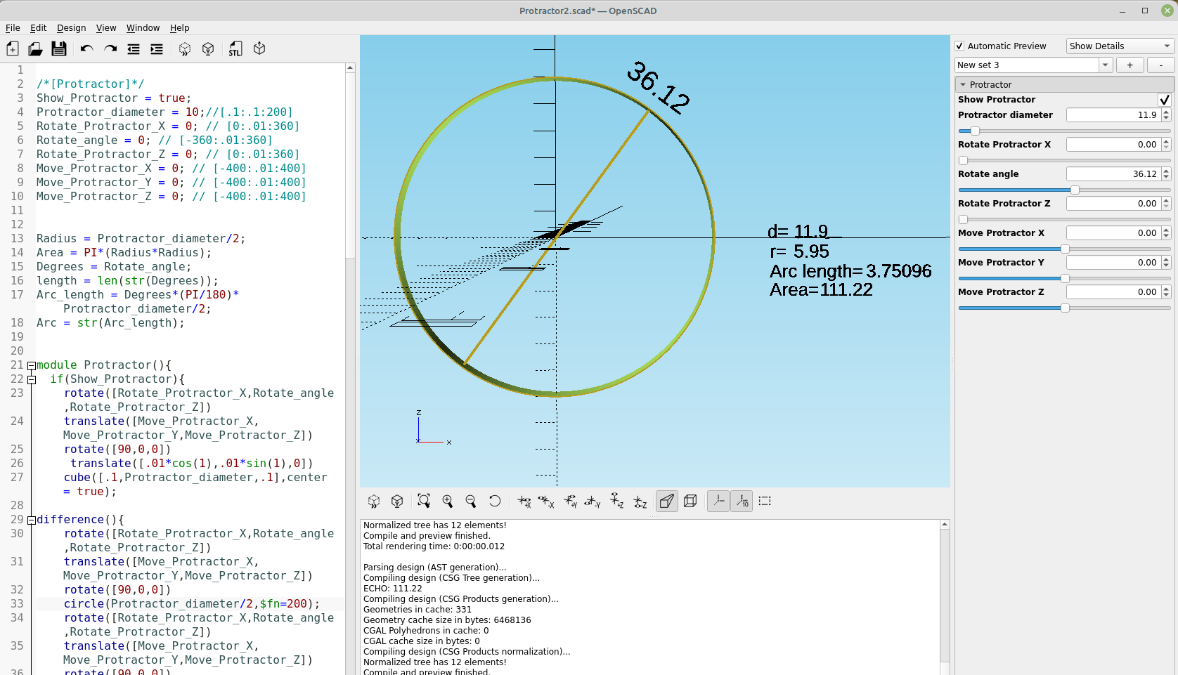 3D part design with OpenScad #50: Making a protractor module.