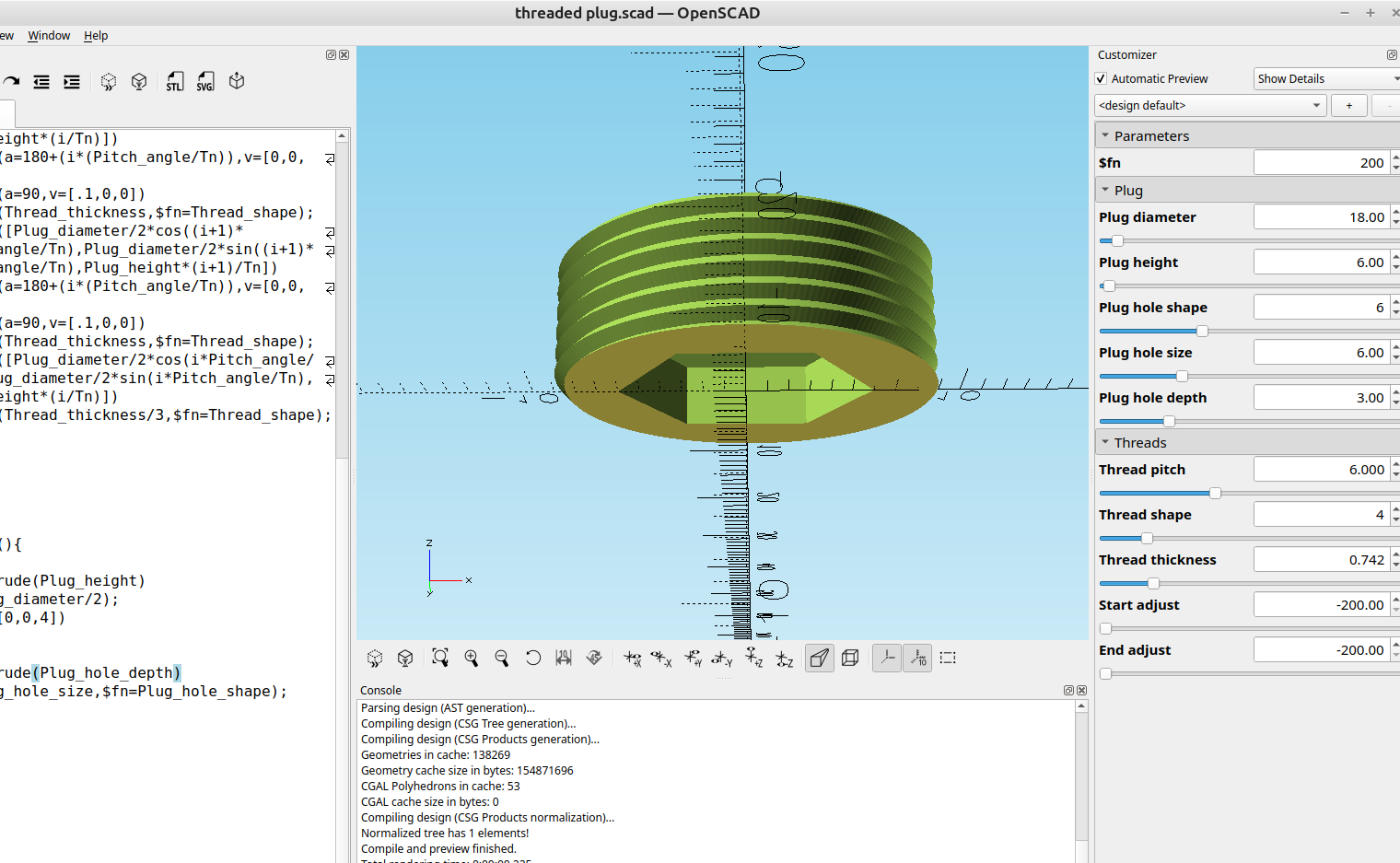 3D part design with OpenSCAD #134: threaded screw plug / set screw.