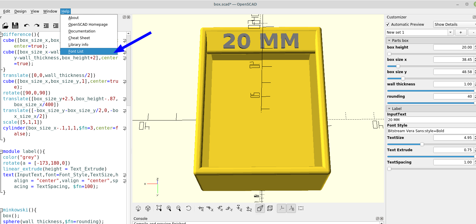 3D part design with OpenScad #65 : Parametric parts organizer box with label.