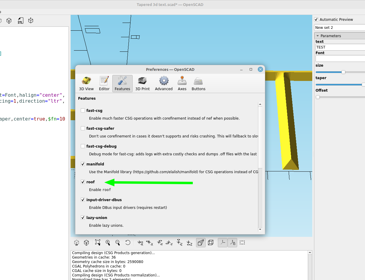 3D part design with OpenScad #78: Easy tapered 3d text using roof()