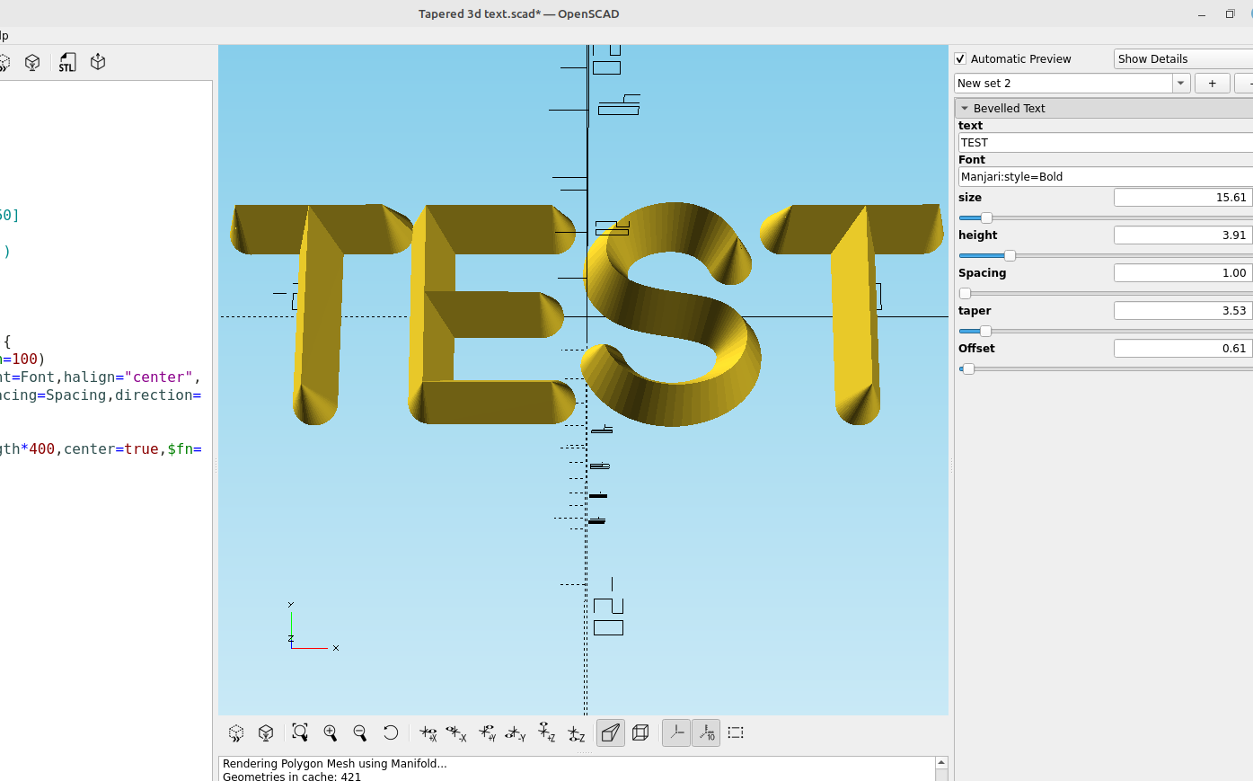 3D part design with OpenScad #78: Easy tapered 3d text using roof()